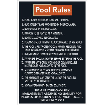 Standard Pool Rules Sign|Apartment Pool Rules